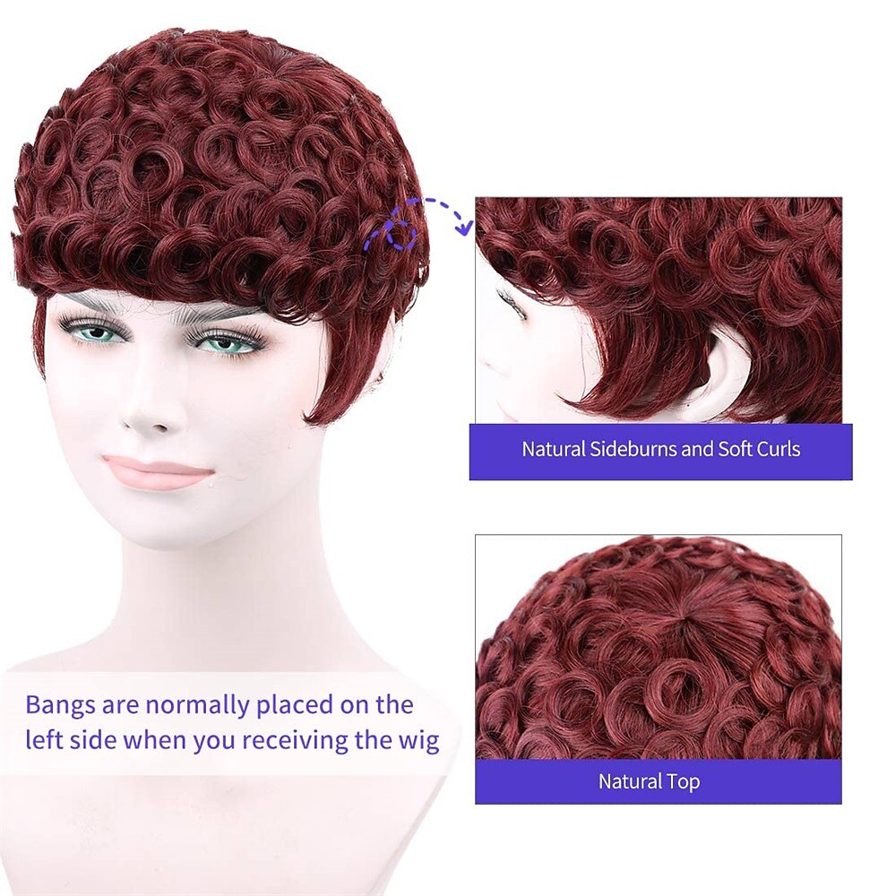 Short Curly Pixie Cut Wigs with Bangs Wine Red Color Short Human Hair ...