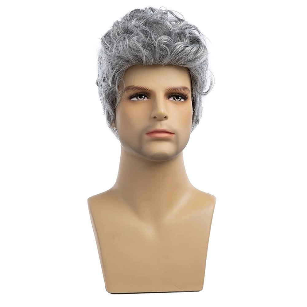 Mens Grey Wig Short Curly Grey Wig Synthetic Heat Resistant Costumes ...