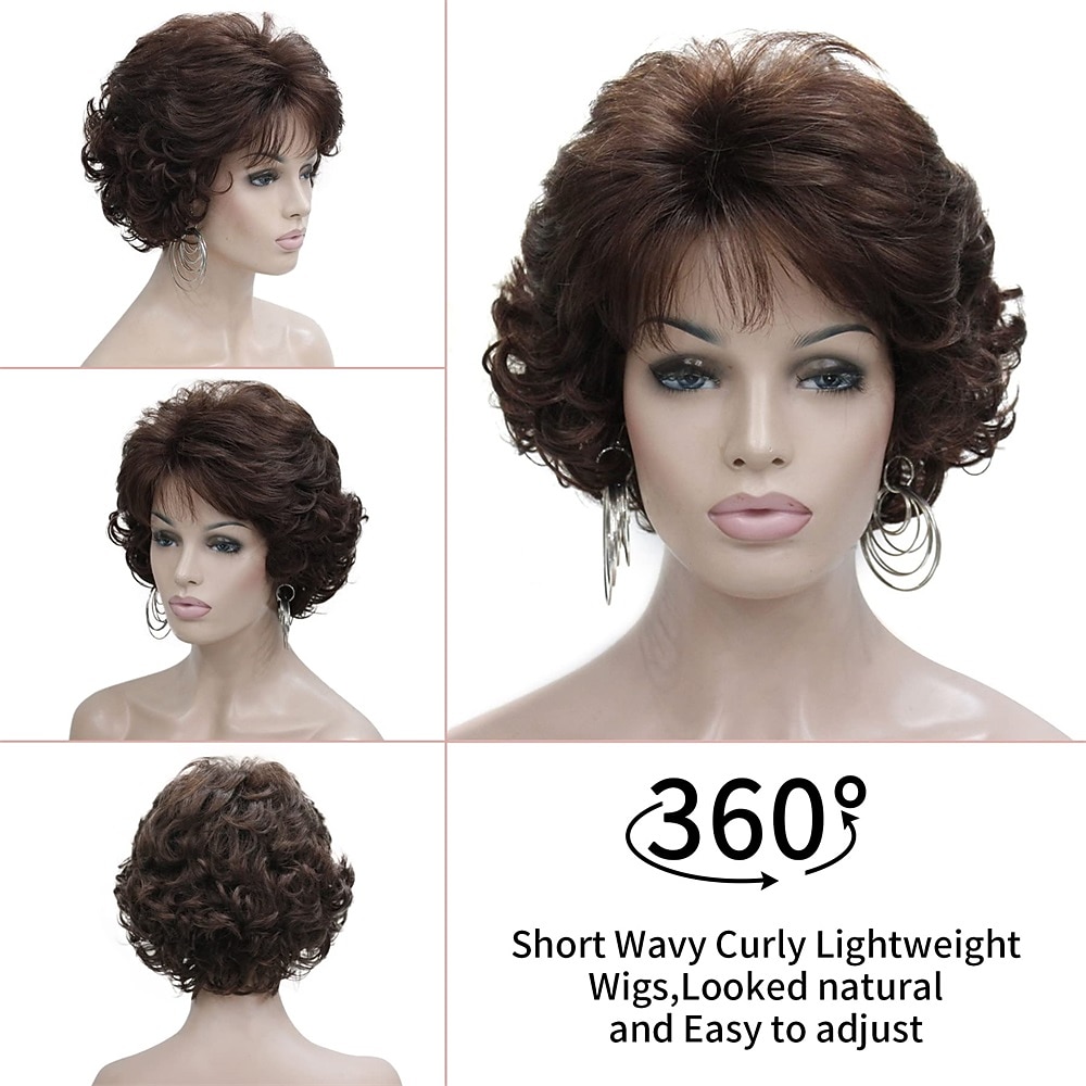 Dark Brown Short Curly Wavy Wig with Hair Bangs 100% Imported Premium ...