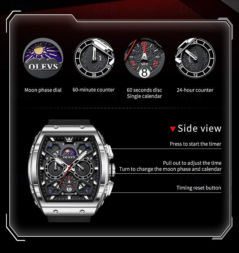 OLEVS Men Quartz Watch Fashion Casual Wristwatch Moon phase Luminous ...