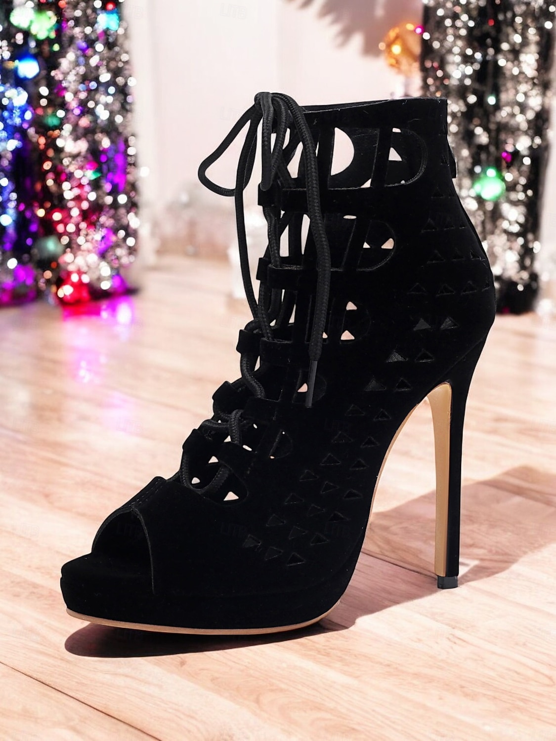 Women's Black Lace-Up Peep Toe Stiletto Heels – Cutout Suede Party ...