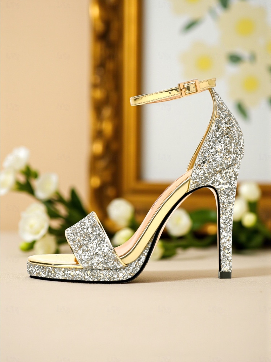 Women's Silver Glitter High Heel Sandals with Ankle Strap, Sparkly ...