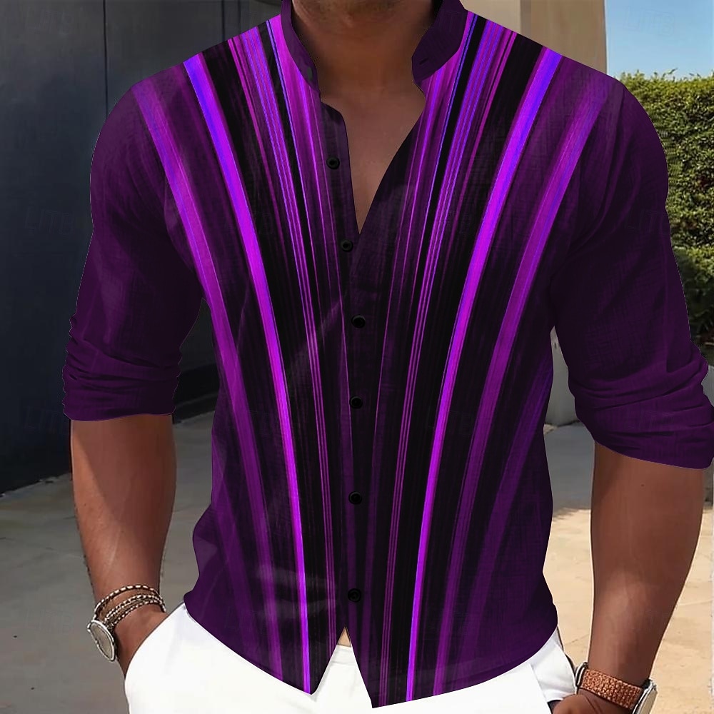 Men's Geometric Gradient Line Shirt Button Up Shirt Stand Collar Shirt ...