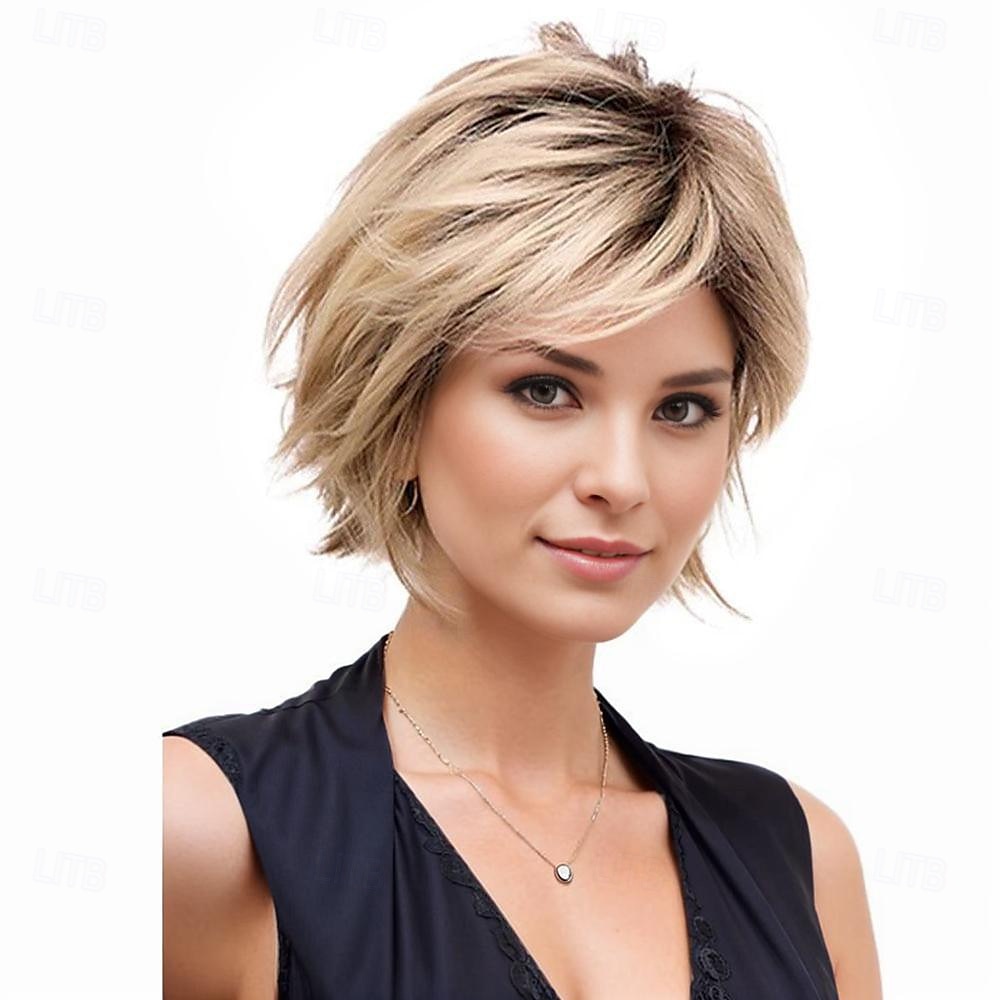 Women's Short Layered Blonde Bob Wig with Dark Roots & Bangs – Heat ...