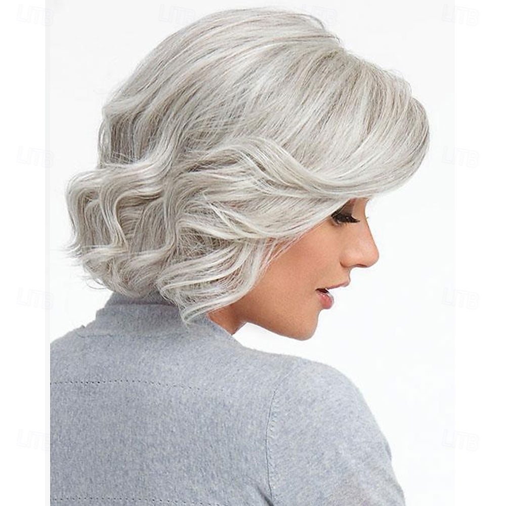 Women's Short Wavy Silver-Grey Bob Wig – Heat-Resistant Synthetic Hair ...