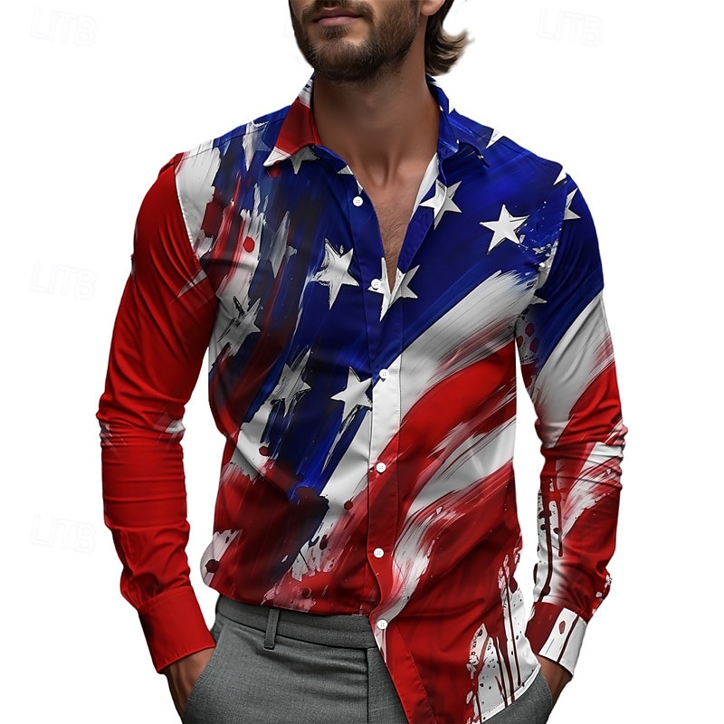 Men's American Flag Shirt Casual Shirt Beach Shirt Long Sleeve Casual ...
