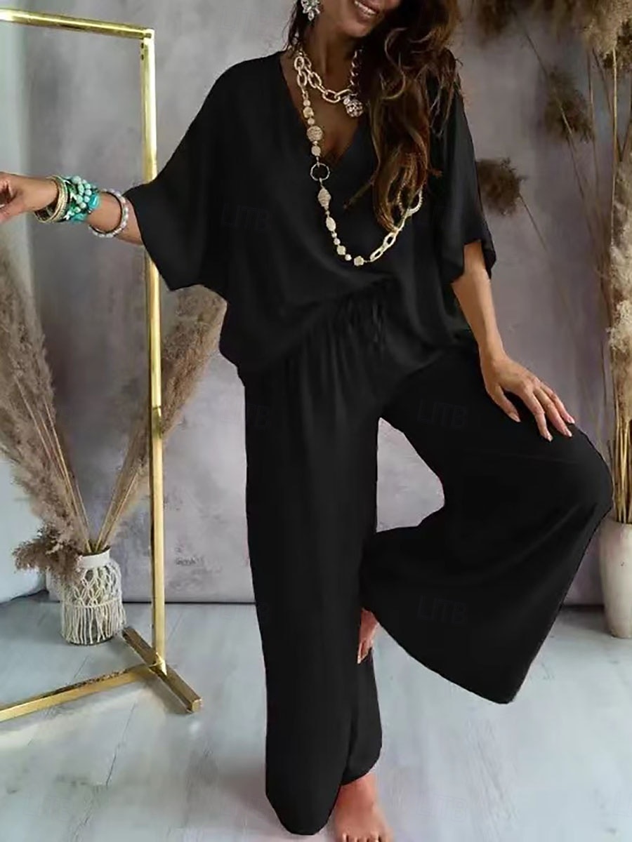 Women's Pants Sets Bolero Half Sleeve V Neck Plain Ruched Drawstring ...