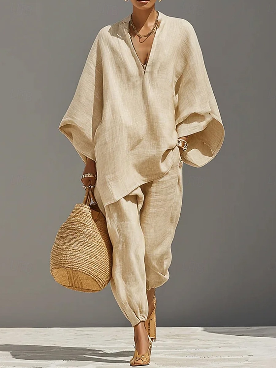Women's Linen-feel Set Long Sleeve Bell Sleeve V Neck Solid Color ...
