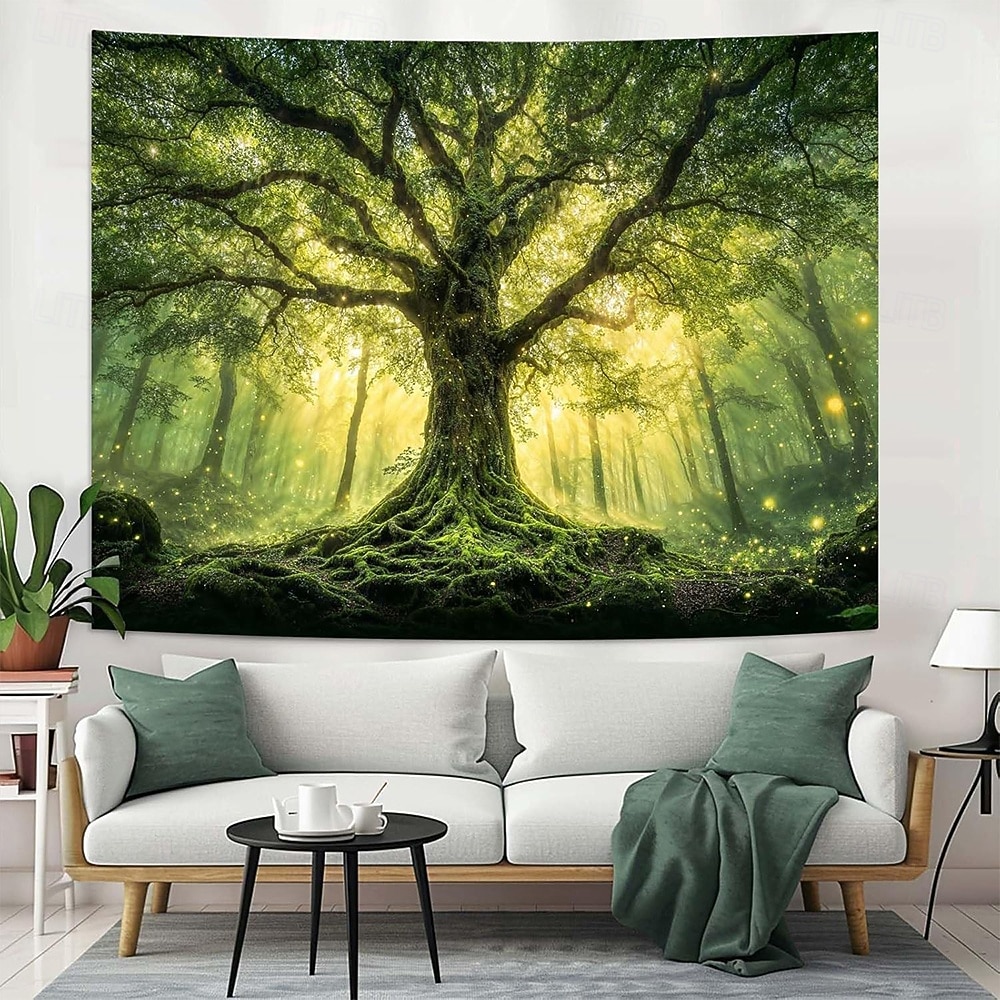 Enchanted Forest Ancient Tree of Life Wall Tapestry Sunbeams Mossy Tree ...