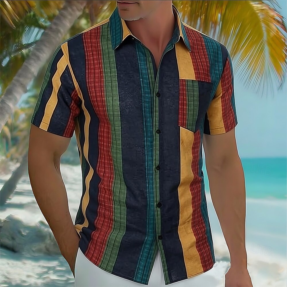 Men's Colorful Striped Shirt Summer Shirt Button Up Shirt Short Sleeve ...
