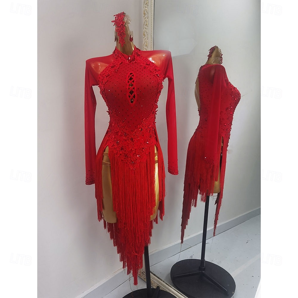 Women's Red Rhinestone Fringe Latin Dance Dress Long Sleeve Mesh ...