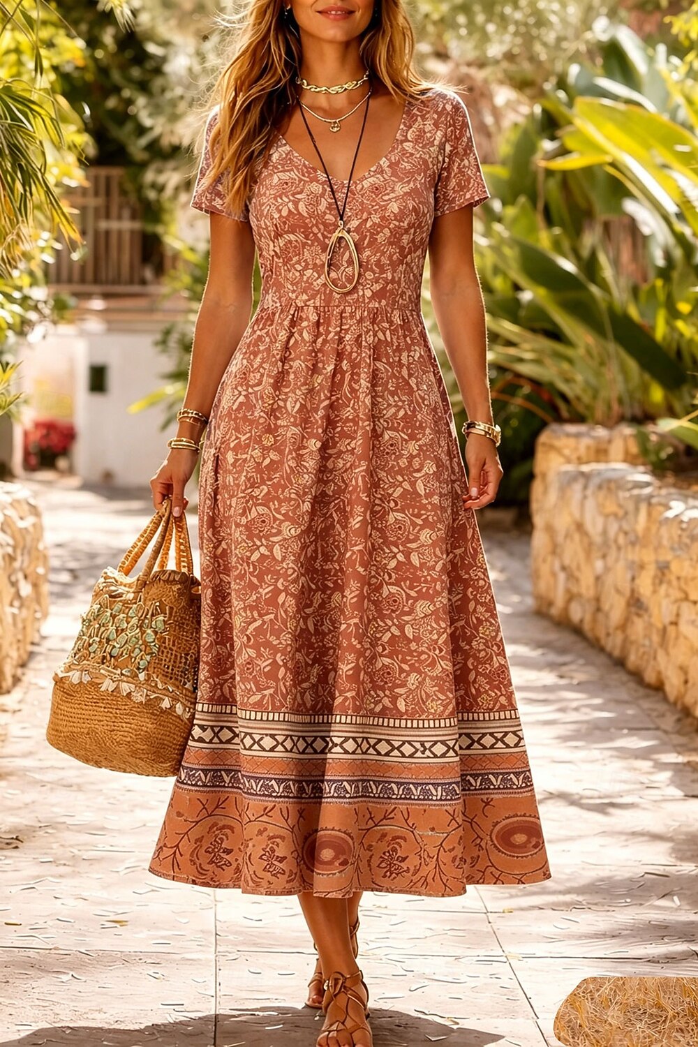 Womens Midi Dress Boho Dress Sundress Casual Dress Ethnic Dress