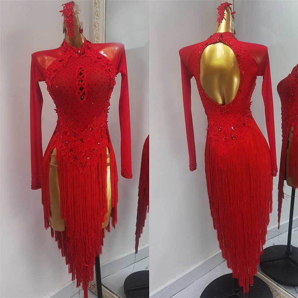 Women's Red Rhinestone Fringe Latin Dance Dress Long Sleeve Mesh ...
