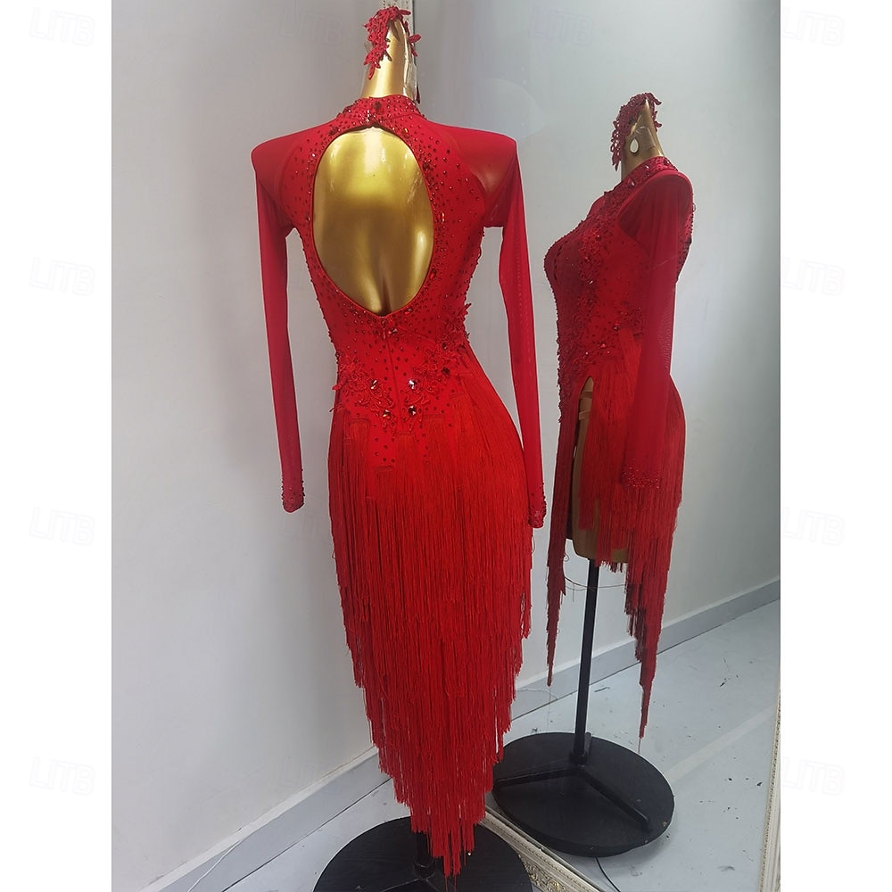 Women's Red Rhinestone Fringe Latin Dance Dress Long Sleeve Mesh ...
