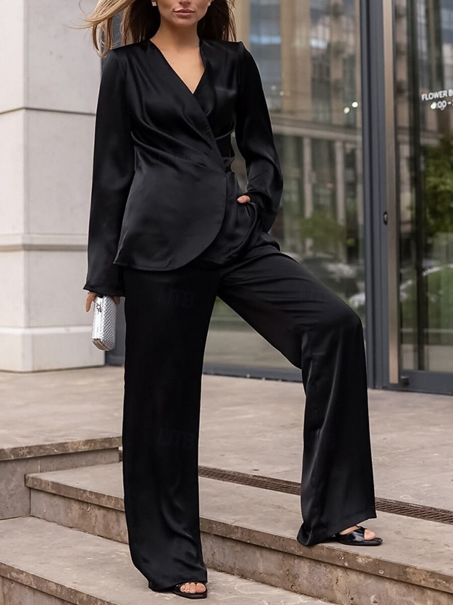 Women's Two Piece Sets Pants Sets Long Sleeve V Neck Plain Wrap Elegant ...