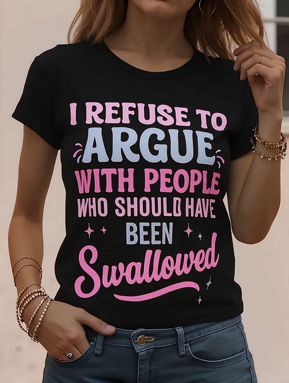 Women's T Shirt Funny Slang Patchwork Print Graphic Cat Letter Stylish ...