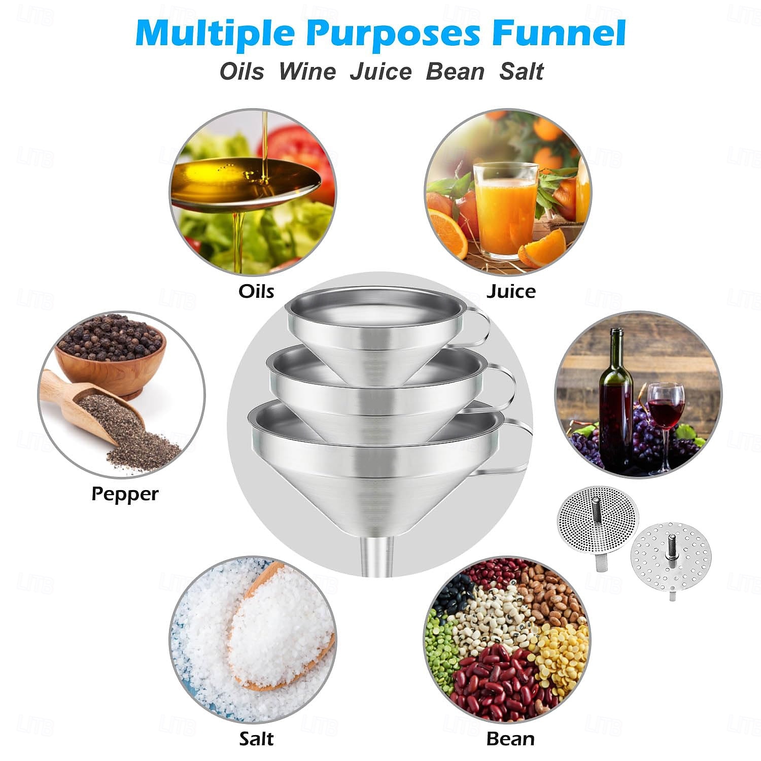 5PCS/Set 3 Pack Stainless Steel Funnels with 2 Detachable Filter for ...