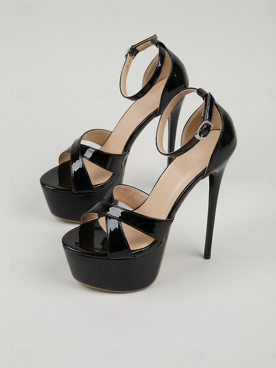 Women's Black Patent Platform High Heel Sandals, Strappy Ankle Strap ...