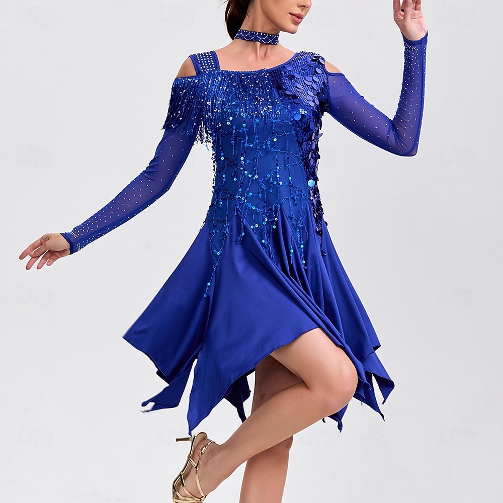 Latin Dance Dress Tassel Pure Color Splicing Women's Training ...