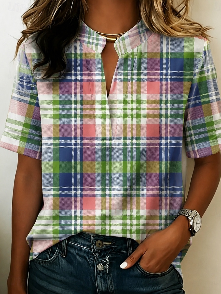 Women's Blouse Print Graphic Plaid Vintage Stylish Modern Short Sleeve ...