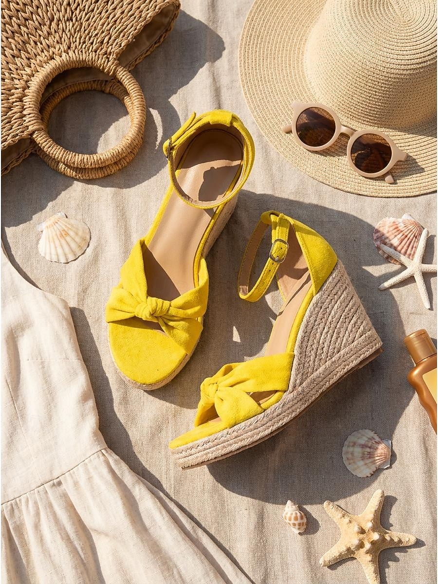 Women's Yellow Espadrille Wedge Sandals - Sexy Suede Platform Knotted ...