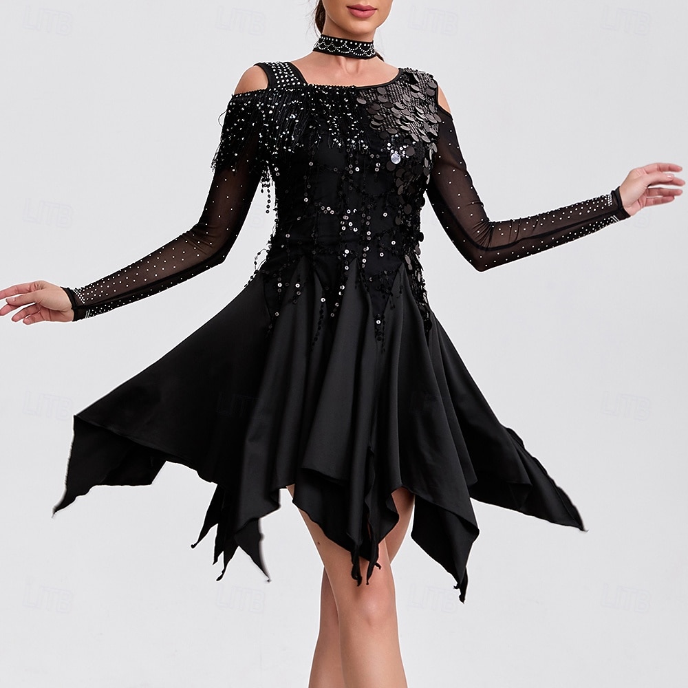 Latin Dance Dress Tassel Pure Color Splicing Women's Training ...