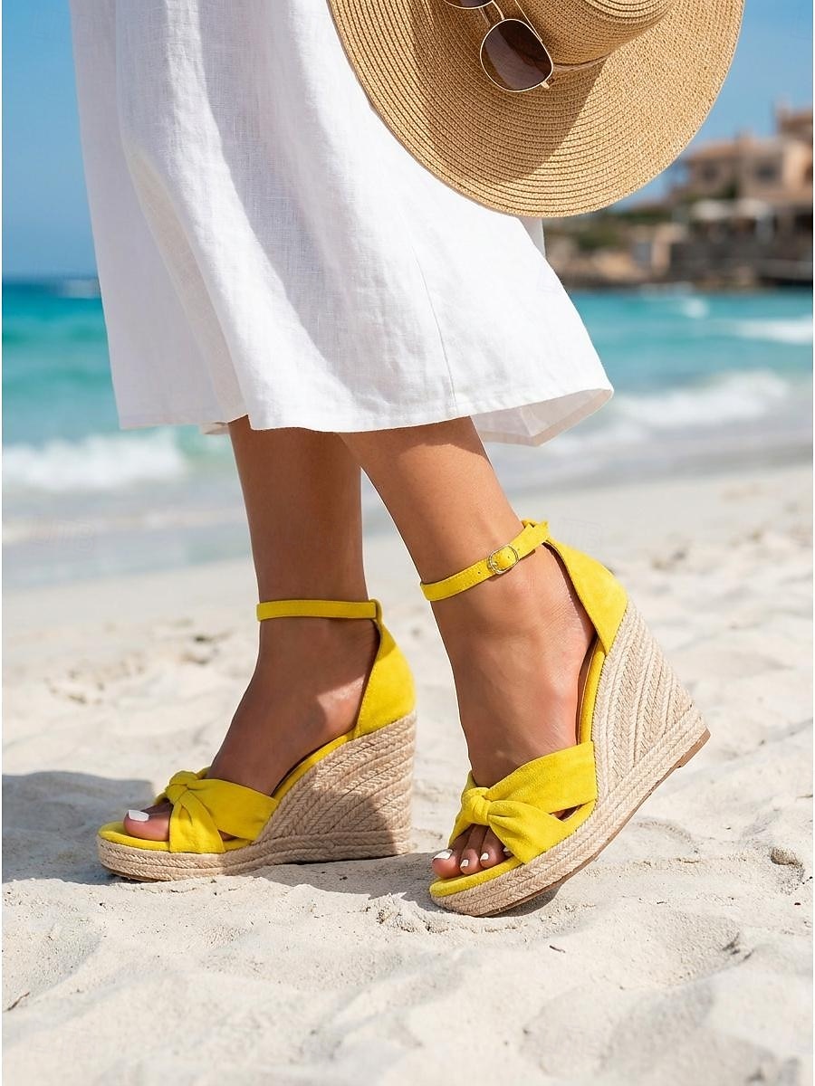 Women's Yellow Espadrille Wedge Sandals - Sexy Suede Platform Knotted ...