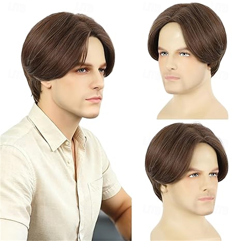 Mens Wig Short Straight Boy Wigs Ash Brown Middle Part Heat Resistant ...