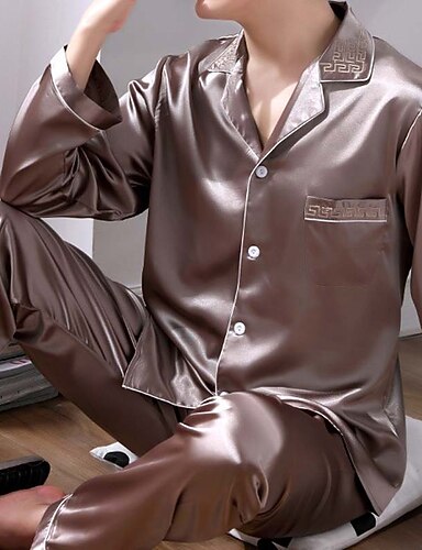 Men's Sleepwear Silk Pajama 2 Pieces Pure Color Simple Comfort Home ...