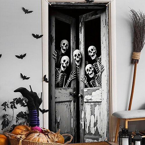 Halloween Garage Door Cover White Skull Hanging Tapestry Haunted House Decoration Creepy Outdoor ...