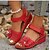 Women's Red Wedge Sandals with Floral Embellishments and Adjustable ...