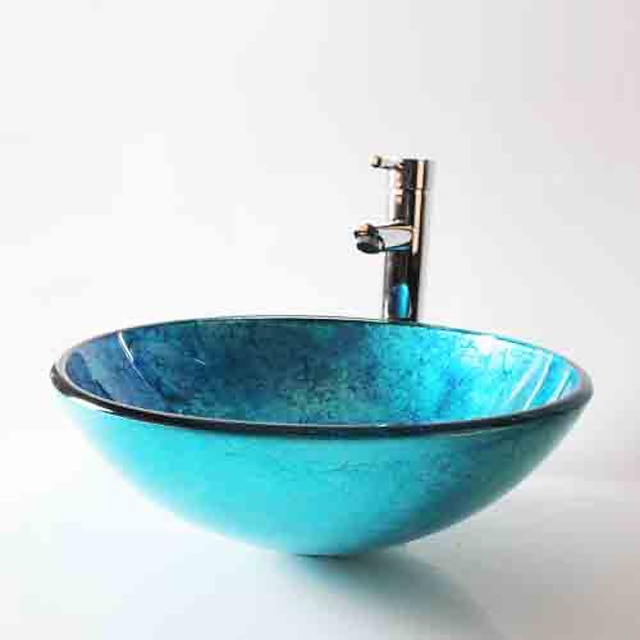 Round Artistic Vanity Basin Sink Bathroom Vessel Tempered Glass Bowl 16 ...
