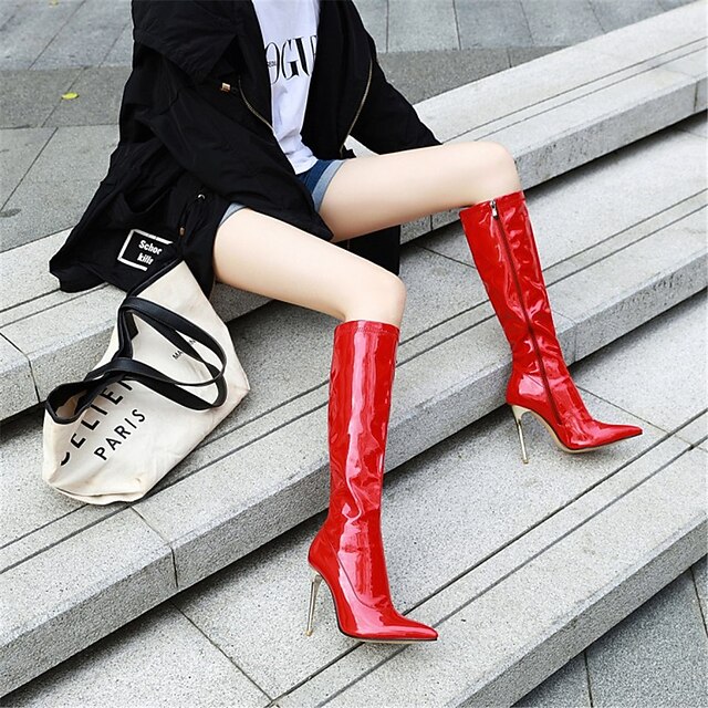 Women's Red Patent Leather Knee - High Boots, Sexy Stiletto Heel with ...
