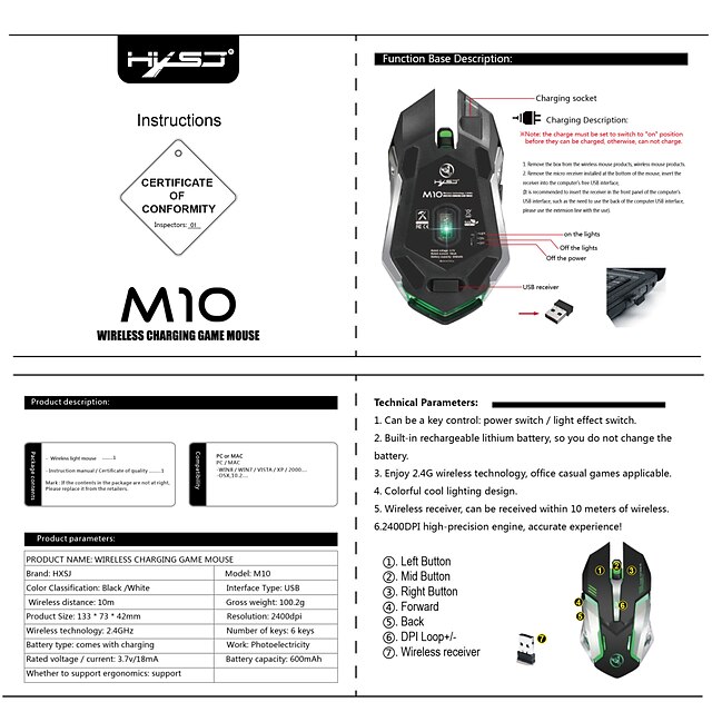 HXSJ M10 2.4Ghz Wireless Gaming Mouse 2400dpi Built-in Battery ...