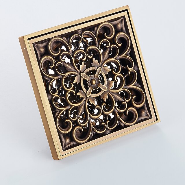 10cm Brass Bathroom Floor Drain, Art Carved Flower Pattern Square ...