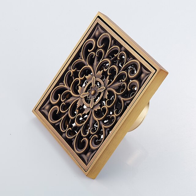 10cm Brass Bathroom Floor Drain, Art Carved Flower Pattern Square ...
