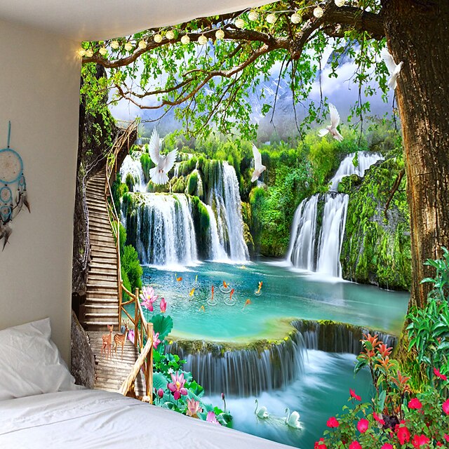 Beautiful wooden ladder waterfall scenery tapestry hanging cloth ...