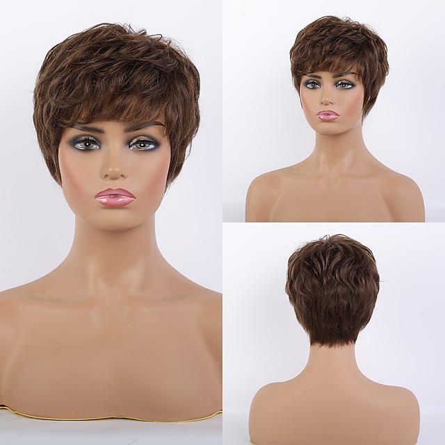 Remy-hår Peruk Korta Rak Naturlig rak Bob-frisyr Pixie-frisyr Sidodel ...