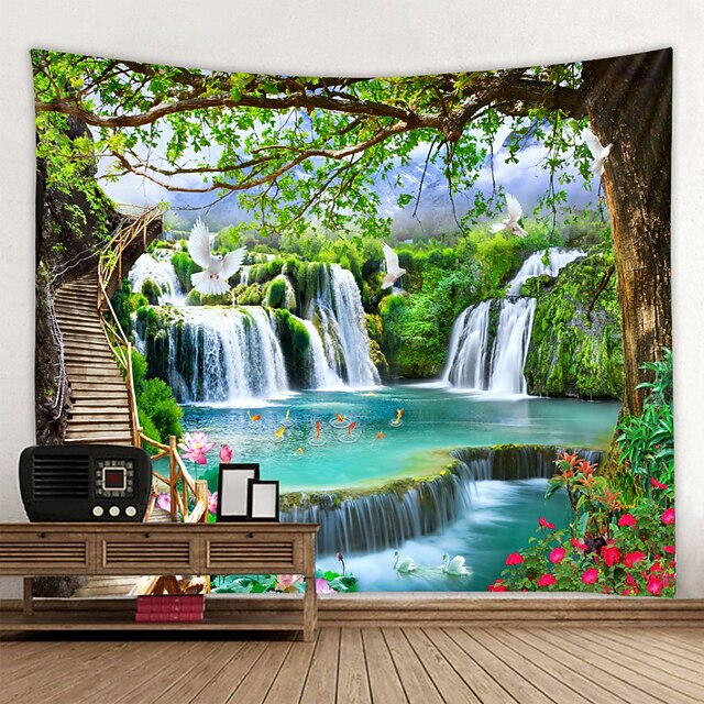 Beautiful wooden ladder waterfall scenery tapestry hanging cloth ...