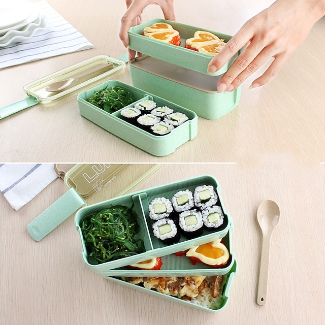 900ml Portable Lunch Box 3 Layer Wheat Straw Bento Boxes Microwave ...