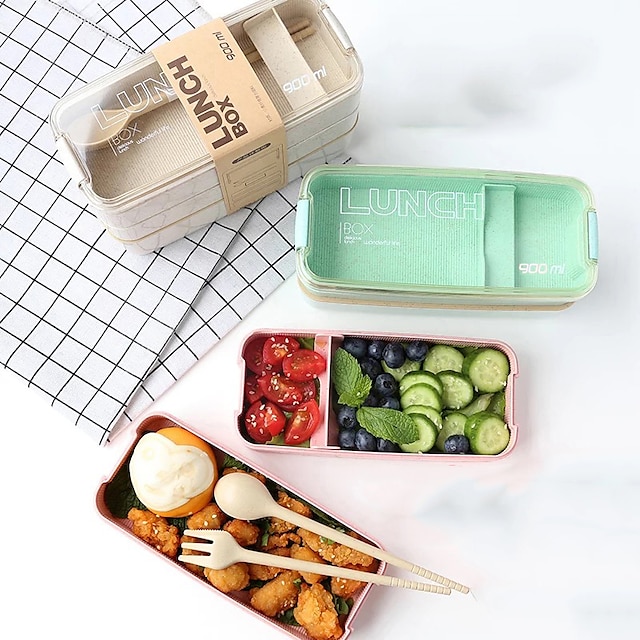 900ml Portable Lunch Box 3 Layer Wheat Straw Bento Boxes Microwave ...