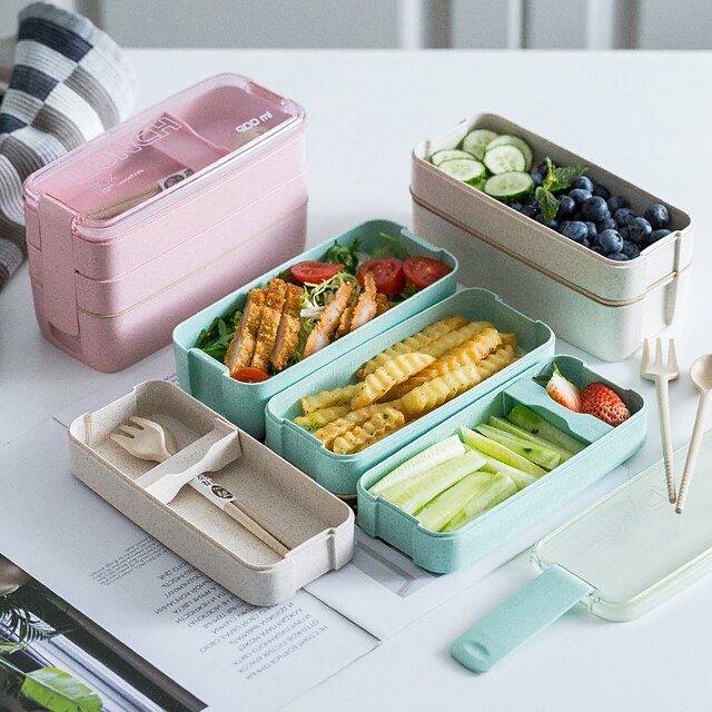 900ml Portable Lunch Box 3 Layer Wheat Straw Bento Boxes Microwave ...