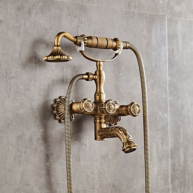 Vintage Shower System Faucet Set Wall Mounted, 360 Swivel Antique Brass ...