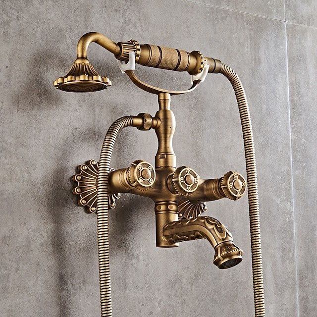 Vintage Shower System Faucet Set Wall Mounted, 360 Swivel Antique Brass ...