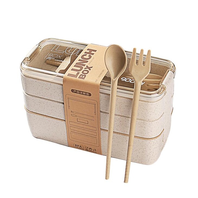 900ml Portable Lunch Box 3 Layer Wheat Straw Bento Boxes Microwave ...