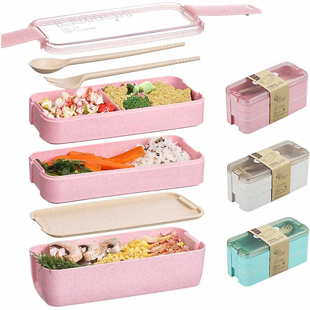 900ml Portable Lunch Box 3 Layer Wheat Straw Bento Boxes Microwave ...