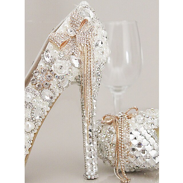 Women's White Rhinestone and Pearl Embellished Platform Stiletto Heels ...