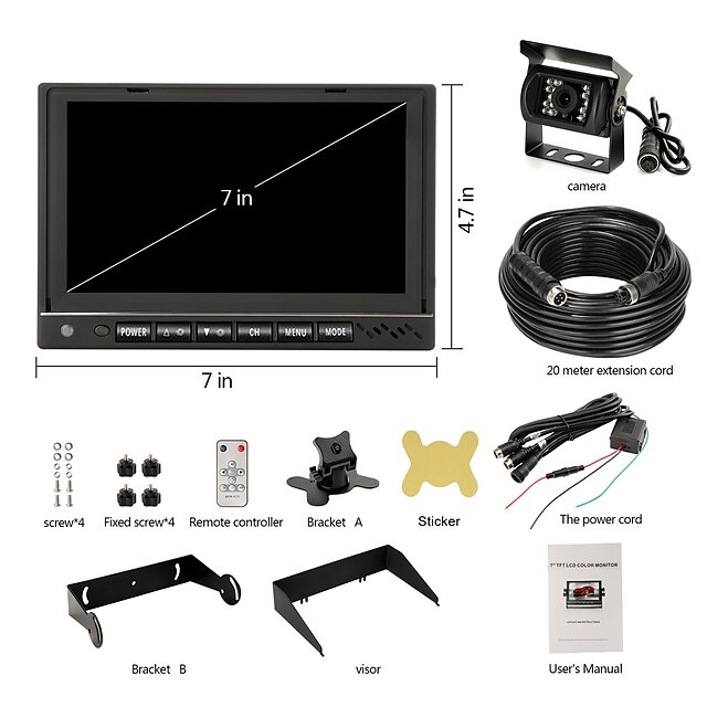 Rear View Camera Kit with 7 LCD Monitor 120 Wide Angle Rearview Camera ...