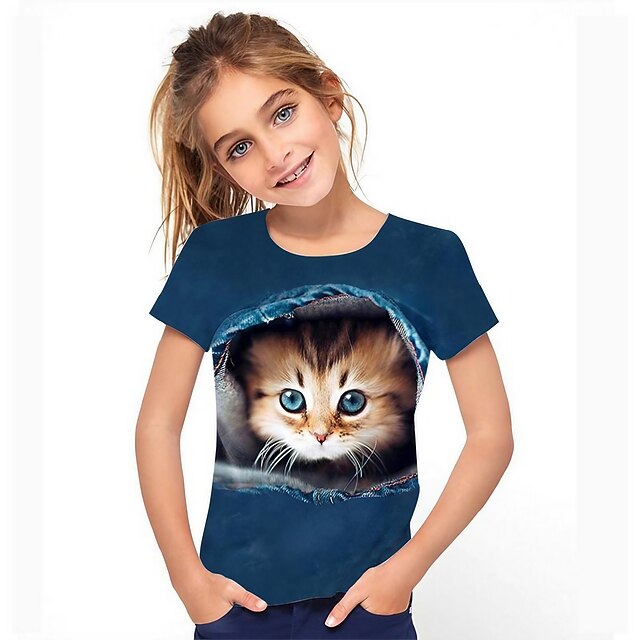 Girls' 3D Graphic Animal Cat T shirt Tee Short Sleeve 3D Print Active ...