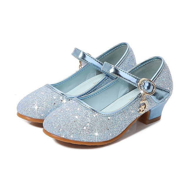 Girls' Blue Glitter Princess Dress Shoes, Low - Heel with Moon - Star ...